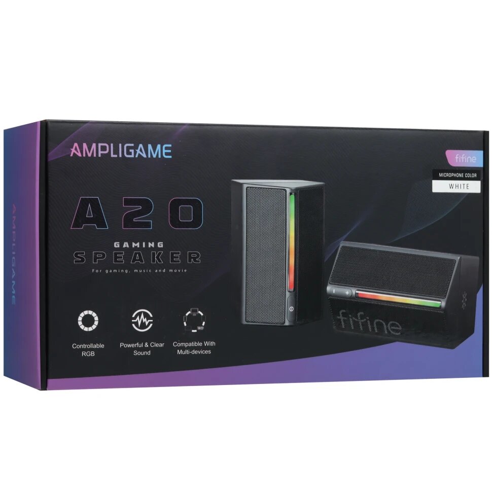 Колонки Fifine A20 белый, RGB, Стереосистема, jack 3.5 мм, 2.0