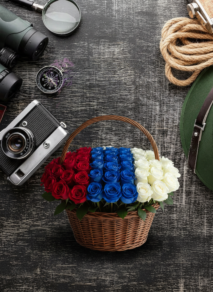 Букет цветов, букет из роз 51 шт триколор в плетеной коричневой корзине, премиум цветы, букет в корзине, флаг