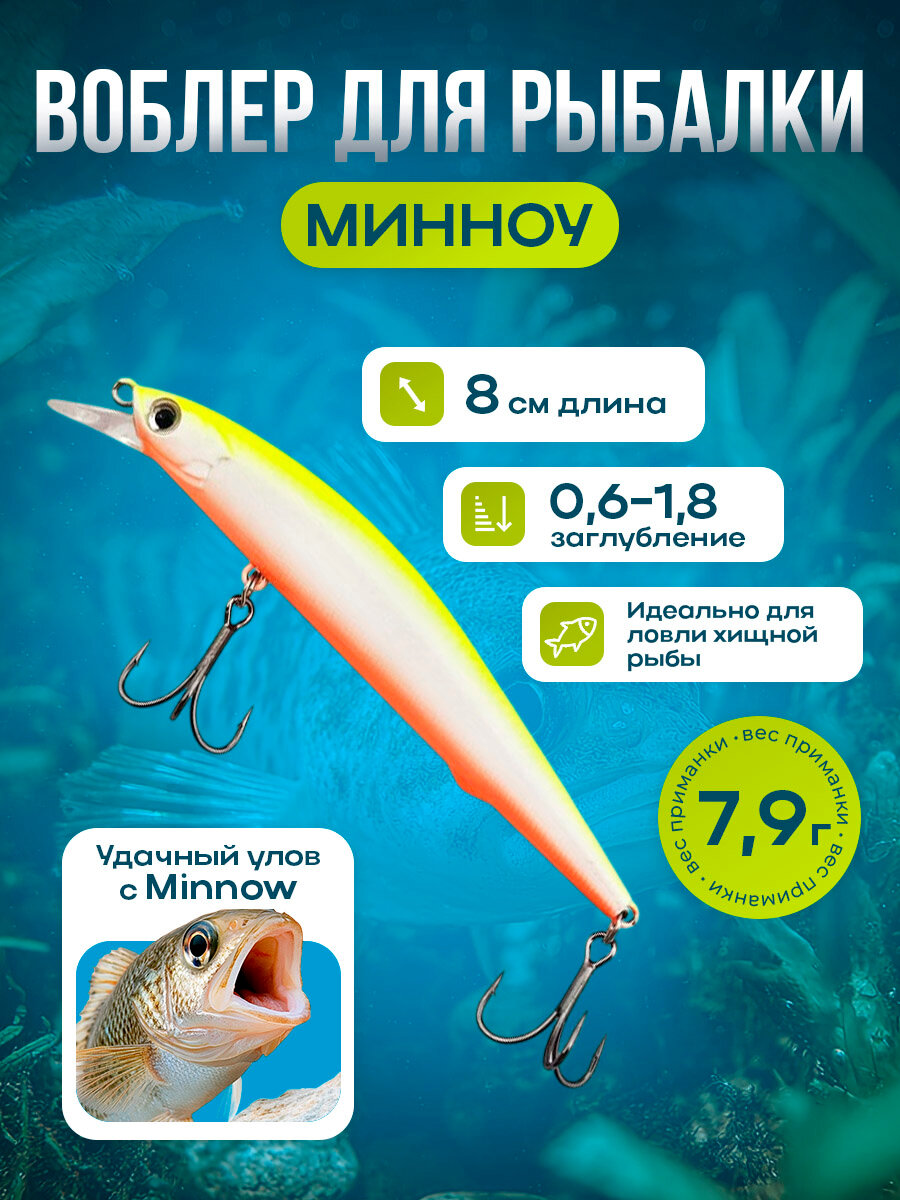 Воблер для рыбалки Minnow, 8 см/7.9 г, желто-черно-серебристая