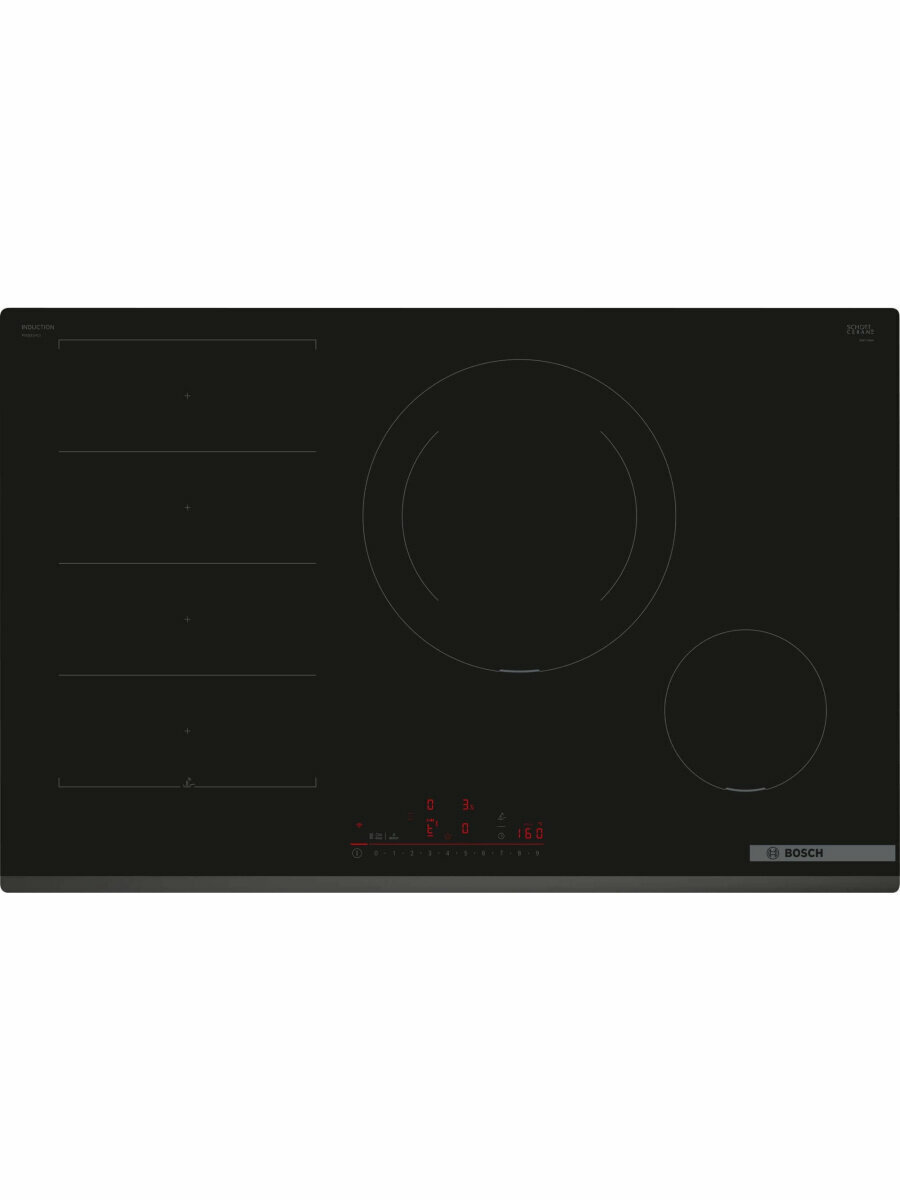 Индукционная панель Bosch PXE831HC1E, 4 конфорки, сенсорное управление, чёрный