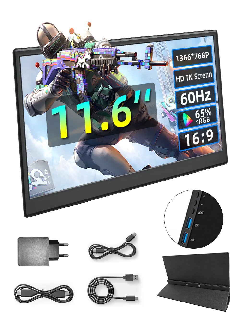 11,6-дюймовый портативный монитор 1366P 16:9 с двумя USB-экранами, внешняя клавиатура и мышь для телефона, ноутбука, мини-ПК, Xbox