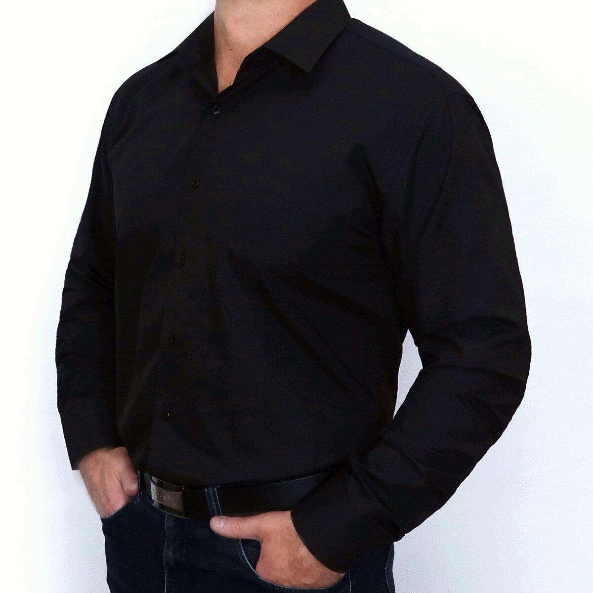 Рубашка Мужская рубашка с длинным рукавом прямая классическая, темная сорочка на пуговицах, рубаха на любой сезон, черная однотонная, без карманов, на любой сезон и на лето рубашка