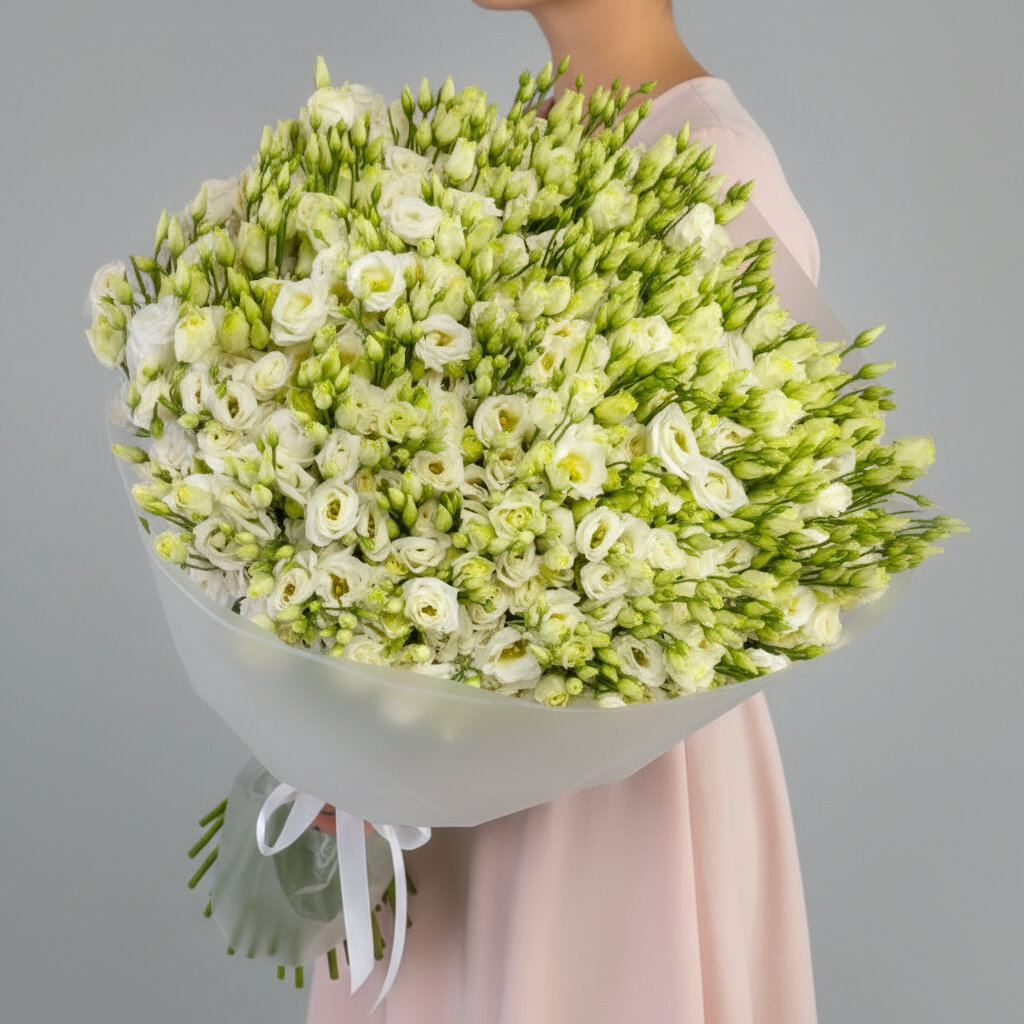 Букет Мегацвет24, Белая Эустома, 101 цветок, сборка под ленту