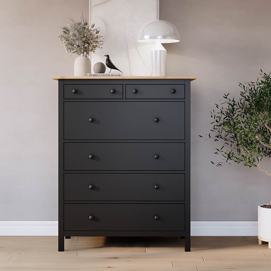 Комод 6 ящиков HEMNES Кымор черный/Светло-коричневый, массив сосны, 108 x 131 x 50 см
