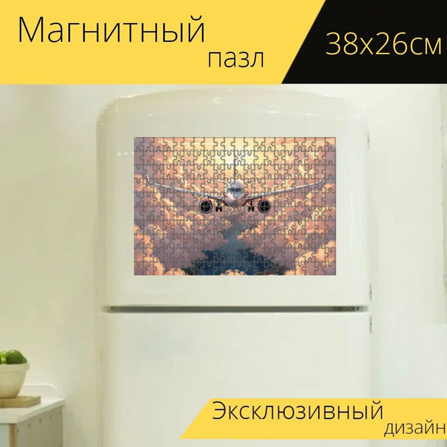 Магнитный пазл "Самолёт в облаках на рассвете. Летящий авиалайнер среди пушистых облаков над водной гладью, теплые золотисто-розовые оттенки, воздушная." для интерьера, 38х26 см.