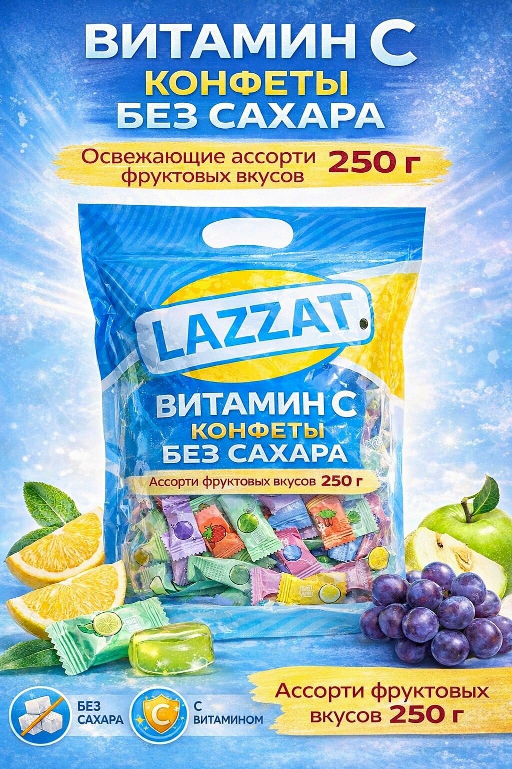 Драже без сахара "Фруктовый леденец", 265 г, без сахара, с витамином С
