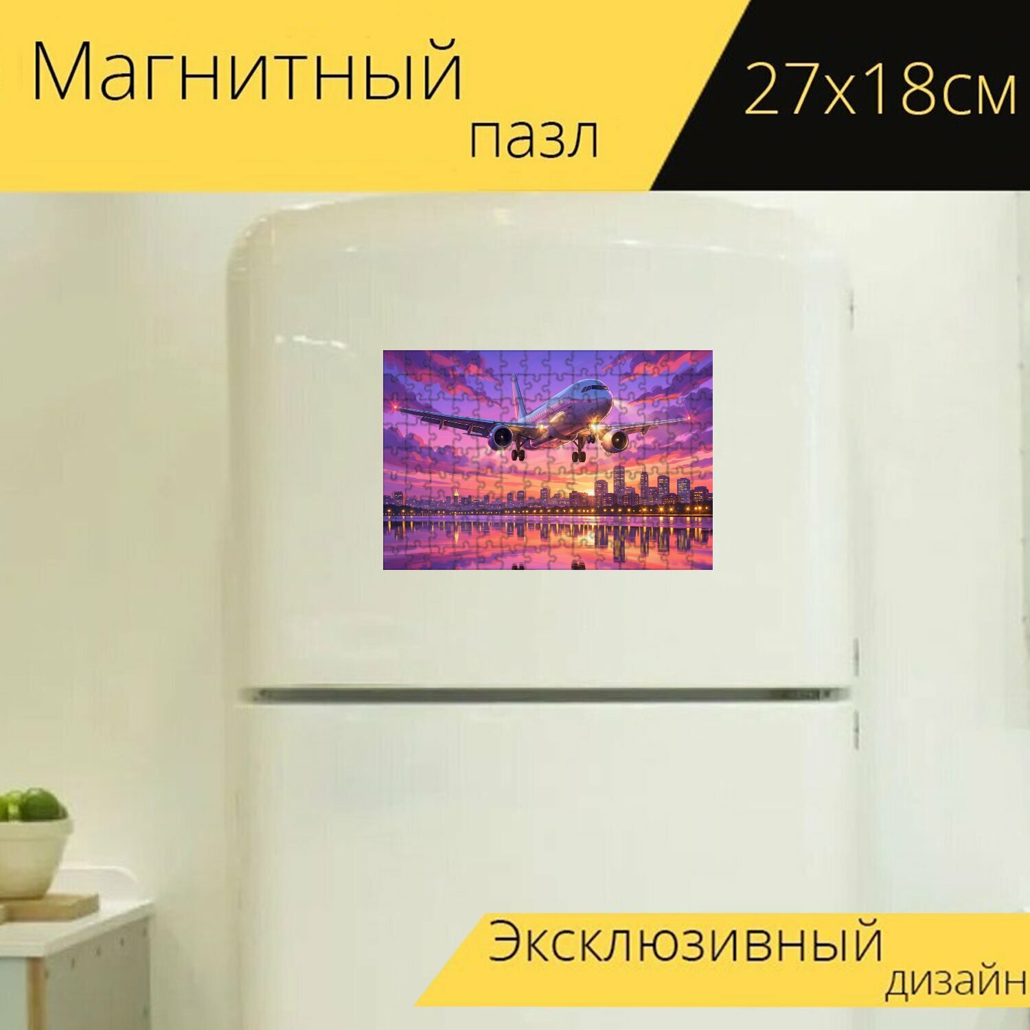 Магнитный пазл "Пассажирский самолет над вечерним городом. Современный авиалайнер на посадке над мегаполисом у воды, цифровая иллюстрация в неоновых." на холодильник 27 x 18 см.