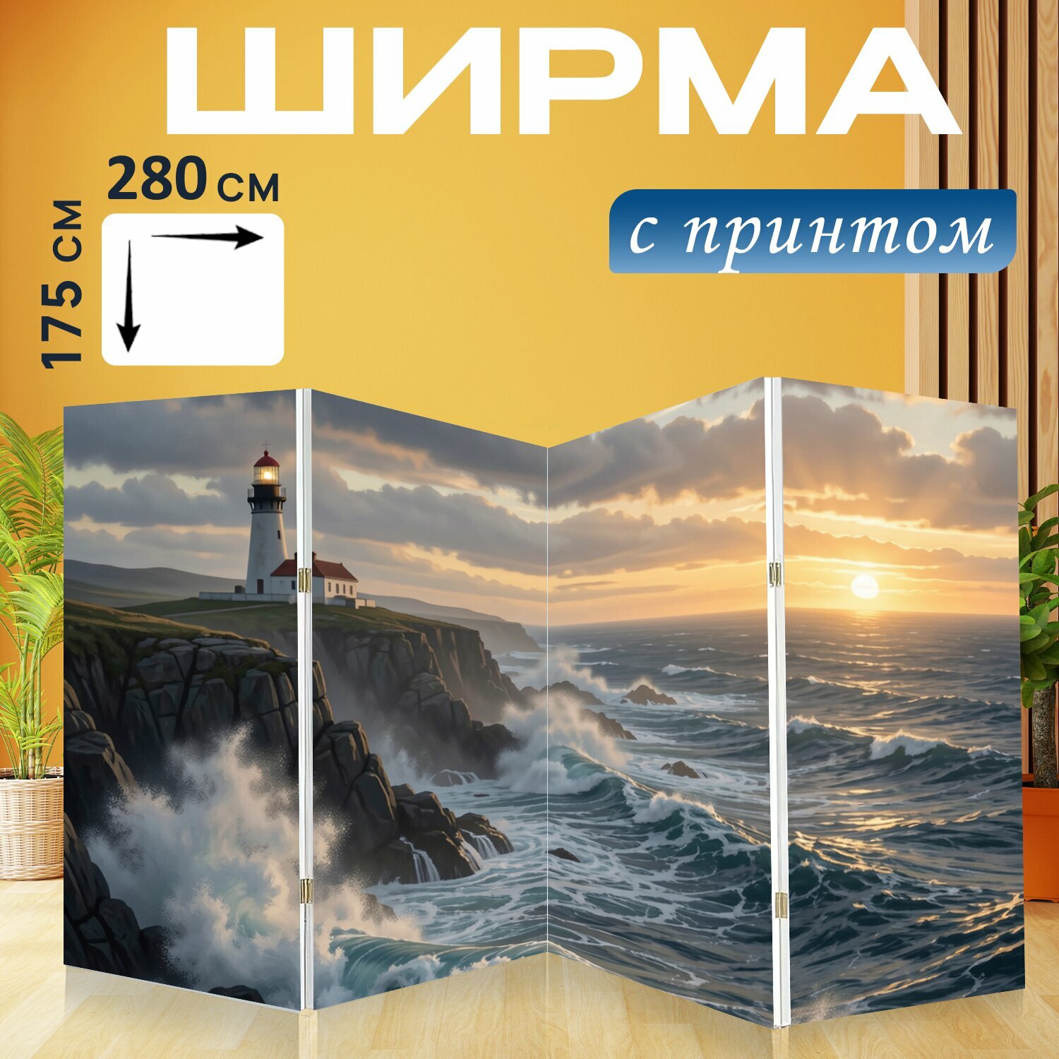 Ширма "Маяк на скалистом берегу. Морской пейзаж с бушующими волнами у утесов, башней над океаном и золотым." перегородка для зонирования комнаты с принтом 280x175 см. на холсте