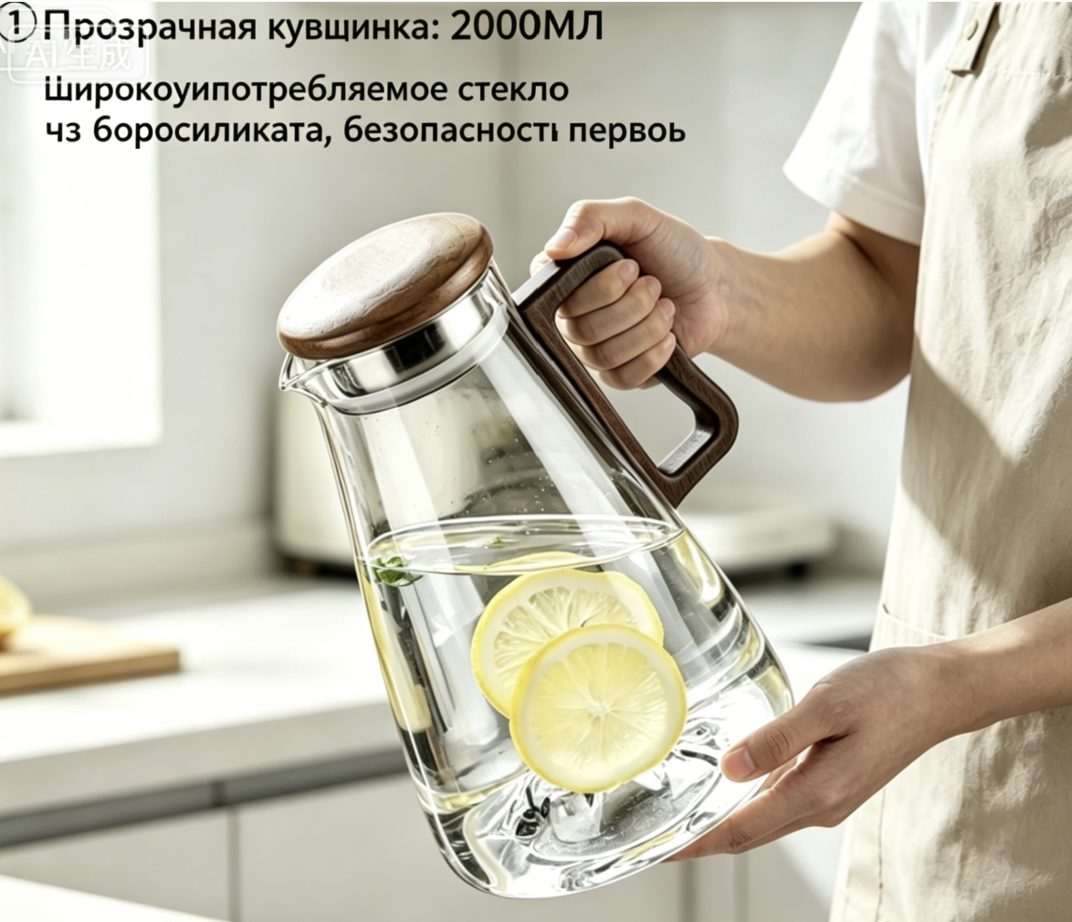 Чайник из термостойкого стекла с высоким содержанием кремния и бора, 2000 мл, прозрачный