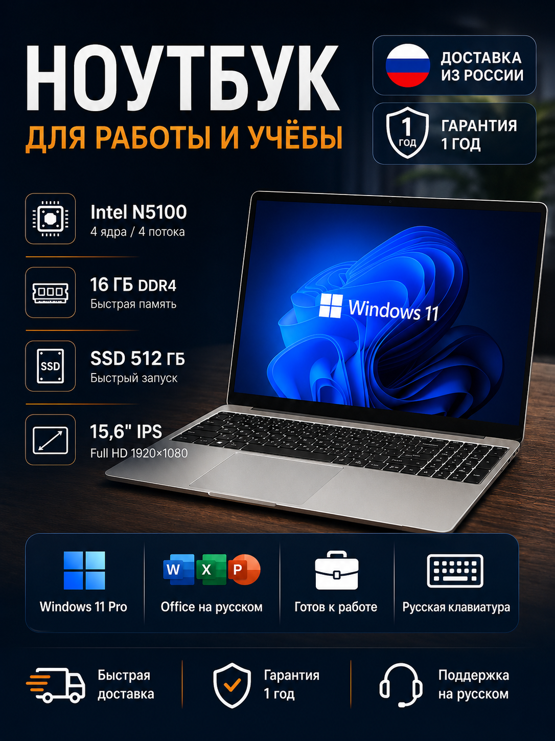 Ноутбук 15,6" IPS , 16 ГБ RAM, SSD 512 ГБ, Windows 11 Pro, русская клавиатура, для работы и учебы, Intel Celeron N5100