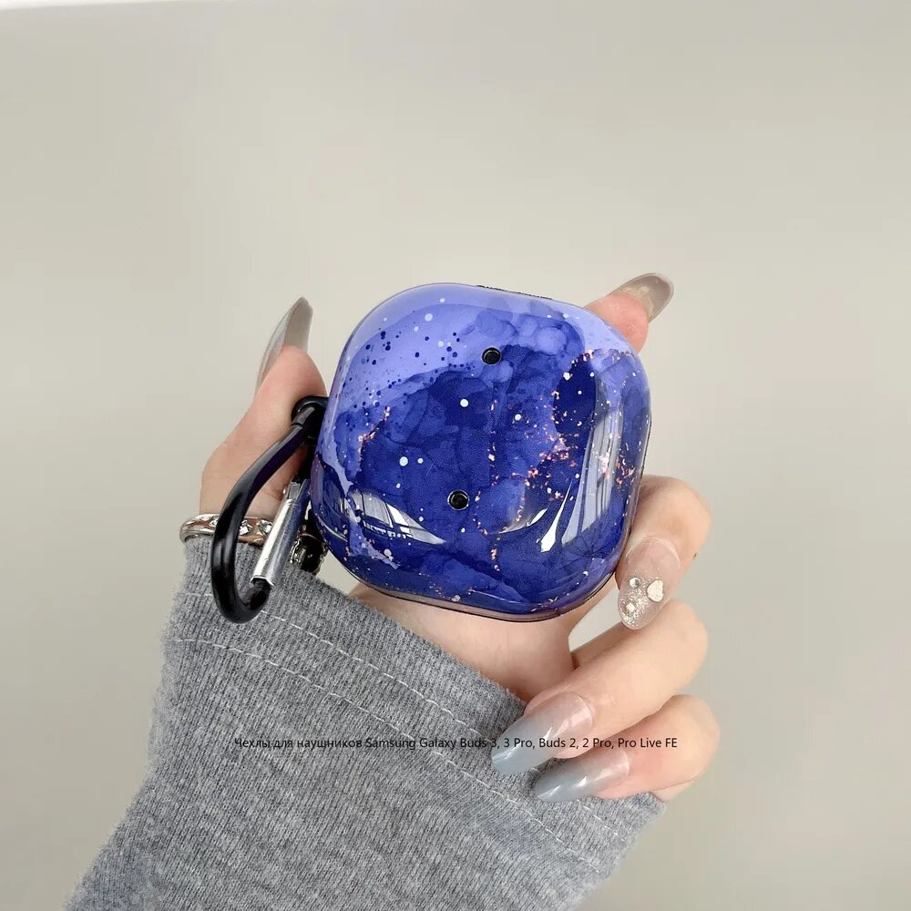 Чехол для Samsung Galaxy Buds 2/2Pro/Pro/Live/FE защитный. с цветочным принтом, c карабином(фиолетовый-Galaxy Buds 2/2Pro/Pro/Live/FE)