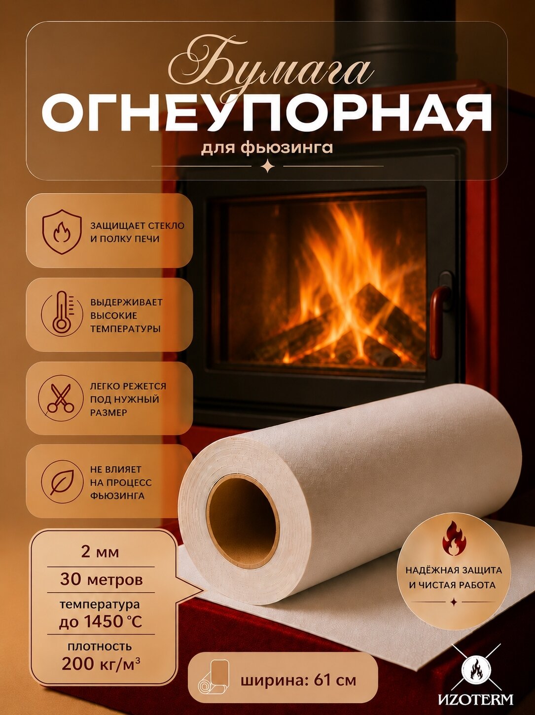 Огнеупорная керамическая бумага 2 мм, длина 30 м — для теплоизоляции, фьюзинга, печей и защиты мебели