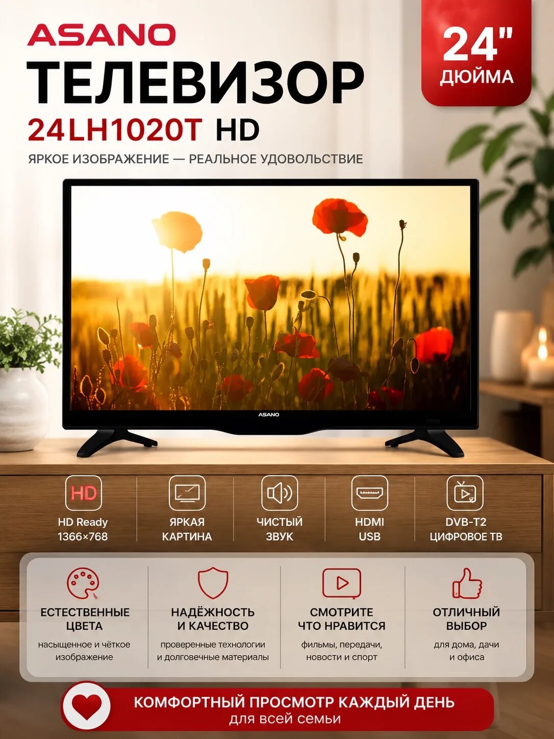 Телевизор ASANO 24LH1020T 24.00 дюйм, HD Ready, 1366x768, черный