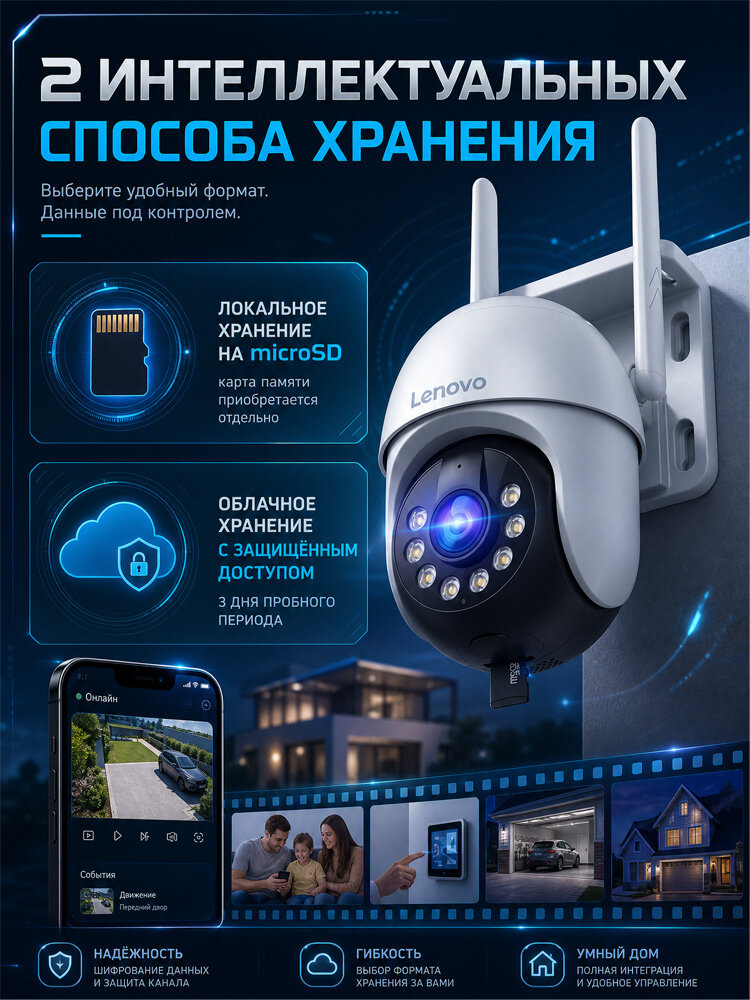 Lenovo Камера видеонаблюдения wifi, уличная, видеокамера беспроводная, поворотная 3mp с датчиком движения