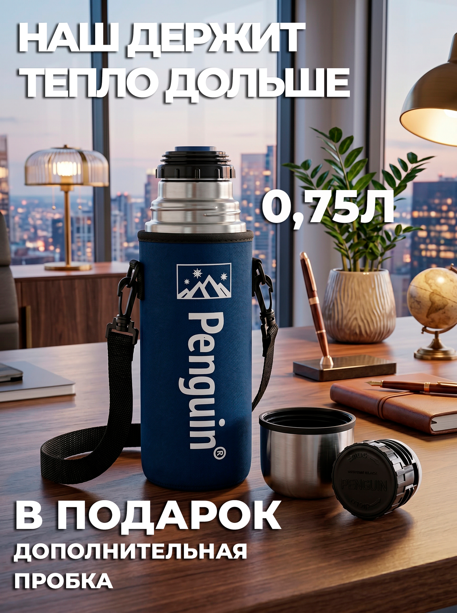 Термос Penguin для чая и кофе 0.75 литра с двумя пробками в неопреновом чехле