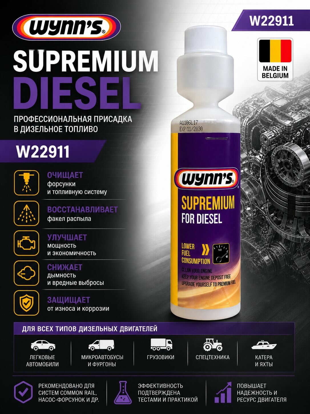 Присадка для повышения качества дизельного топлива Wynns Supremium Diesel W22911 250мл (1шт)