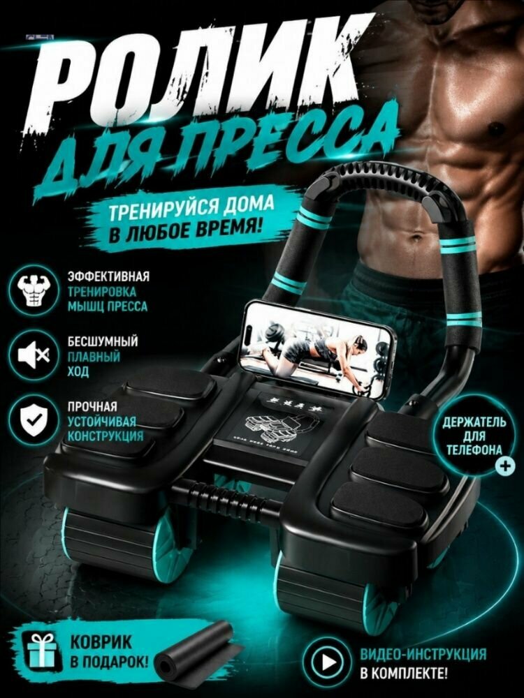 Ролик для пресса, 6 колесный инновационный , тренажер колесо для пресса, рук, спины, с ковриком