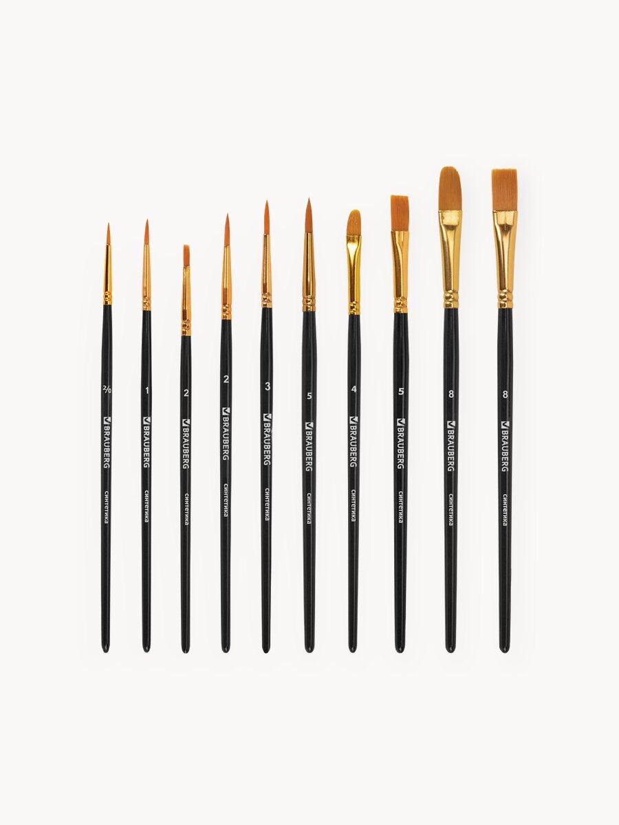 Кисти / кисточки для акварели, гуаши для рисования синтетика Brauberg, Набор 10 штук, черные (Круглые 2,3,4,5,8; Плоские 2,5,8; Лайнеры), 201028