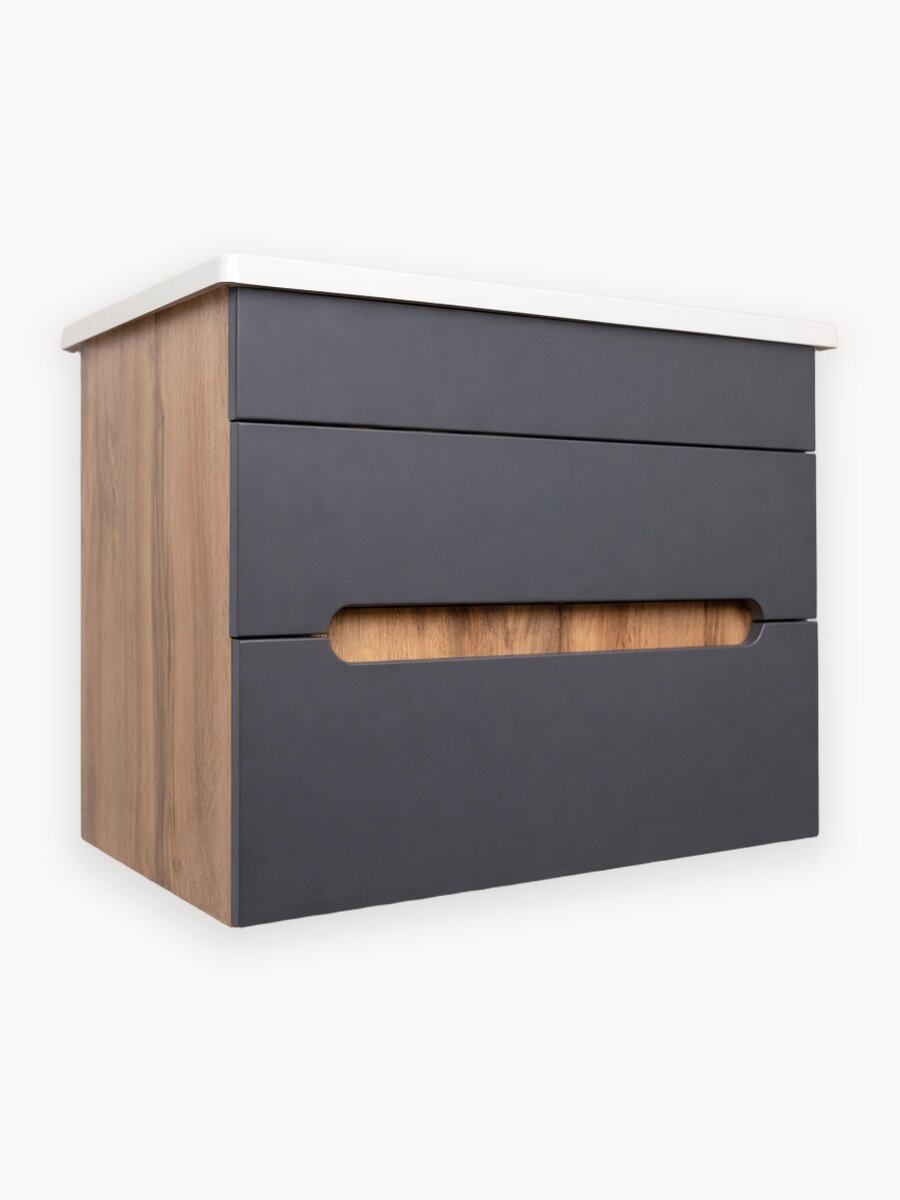 AQVIL Тумба под раковину в ванную подвесная, тумба для ванной VIOLA 60, 56*38*46 см, МДФ/ЛДСП, Дуб Вотан/графит софт