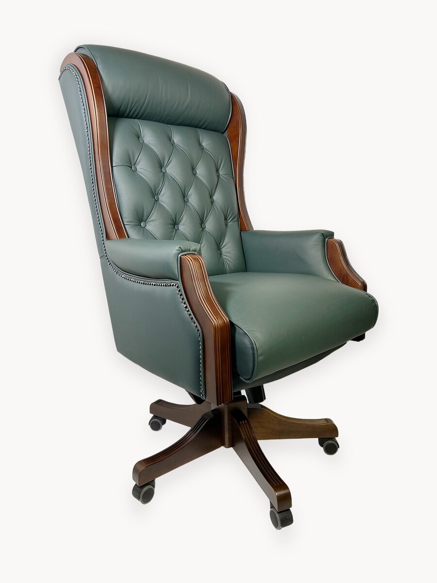 Офисное кресло руководителя Князь (Ришар), натуральная кожа, массив дерева, зеленое матовое (Verde)