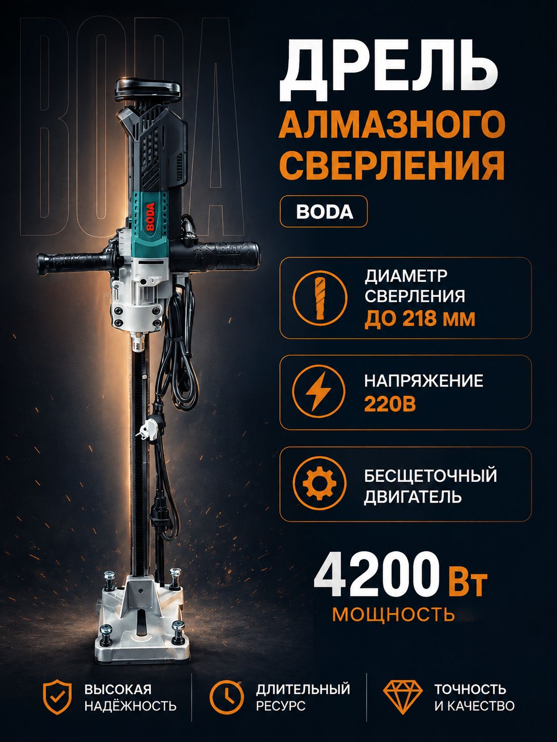 Дрель алмазного сверления BODA BLDW1-218B, 4200 Вт, до 218 мм, бесщеточная, ручная, с водяным охлаждением, для бетона и коронок, 220 В