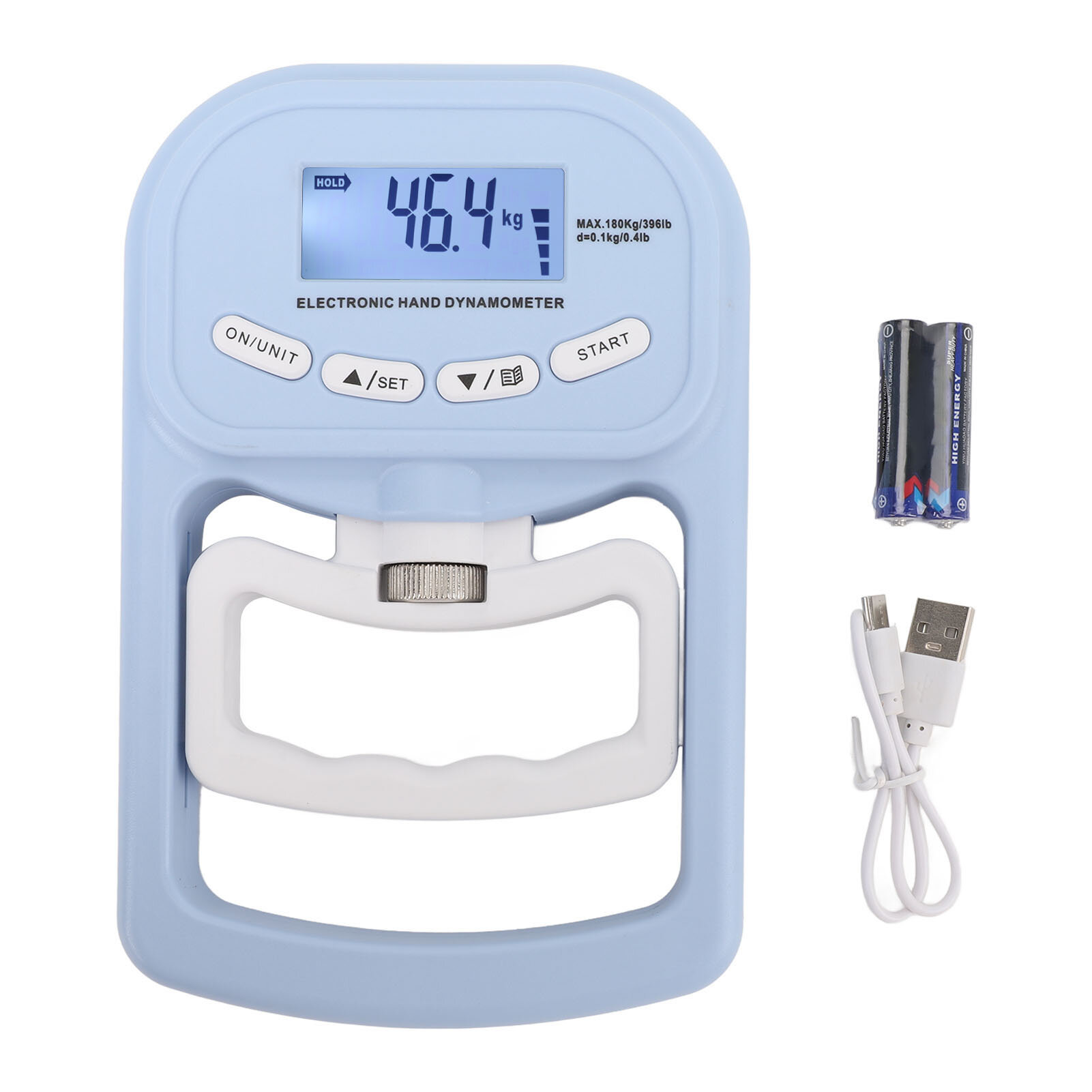 Тренажер для развития силы хвата с высокоточным цифровым ЖК-дисплеем, электронный динамометр для тренировки кисти весом до 396 фунтов, синий.