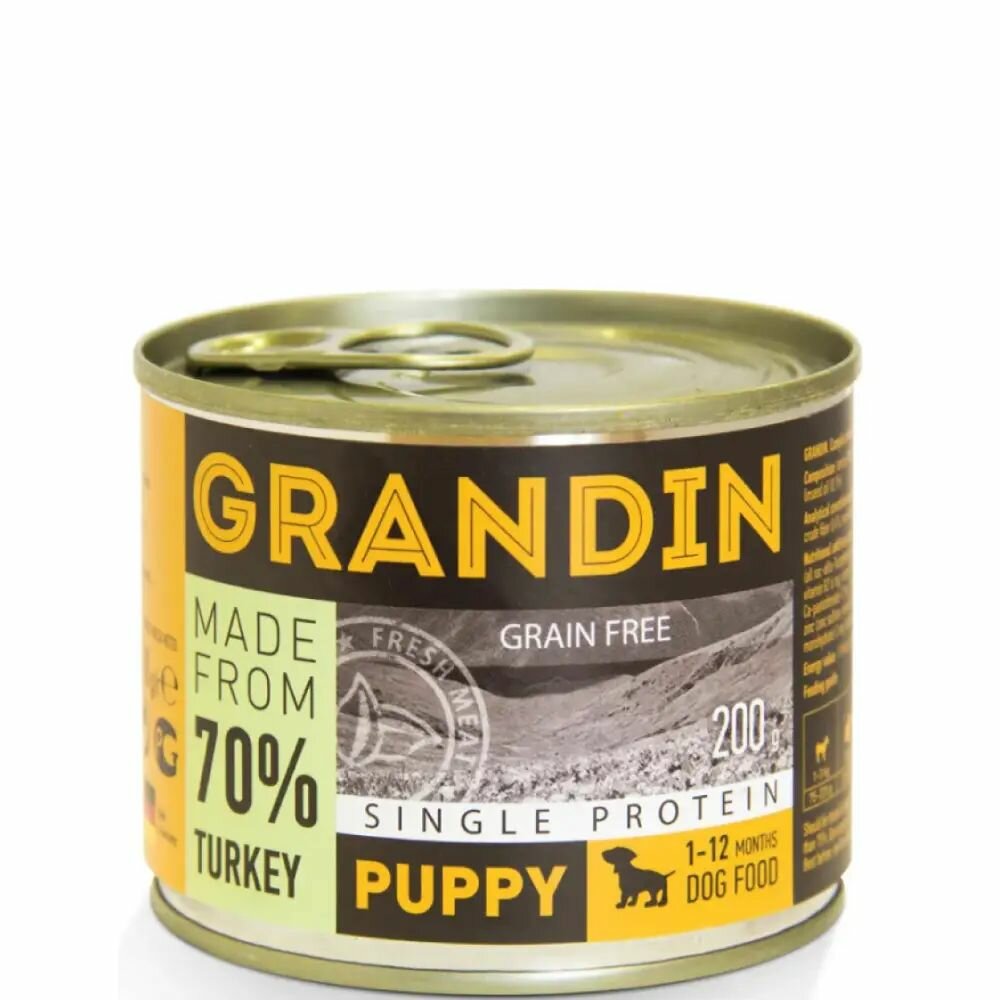 Grandin Puppy Влажный корм (консервы) для щенков всех пород, с индейкой и льняным маслом, 200 гр.