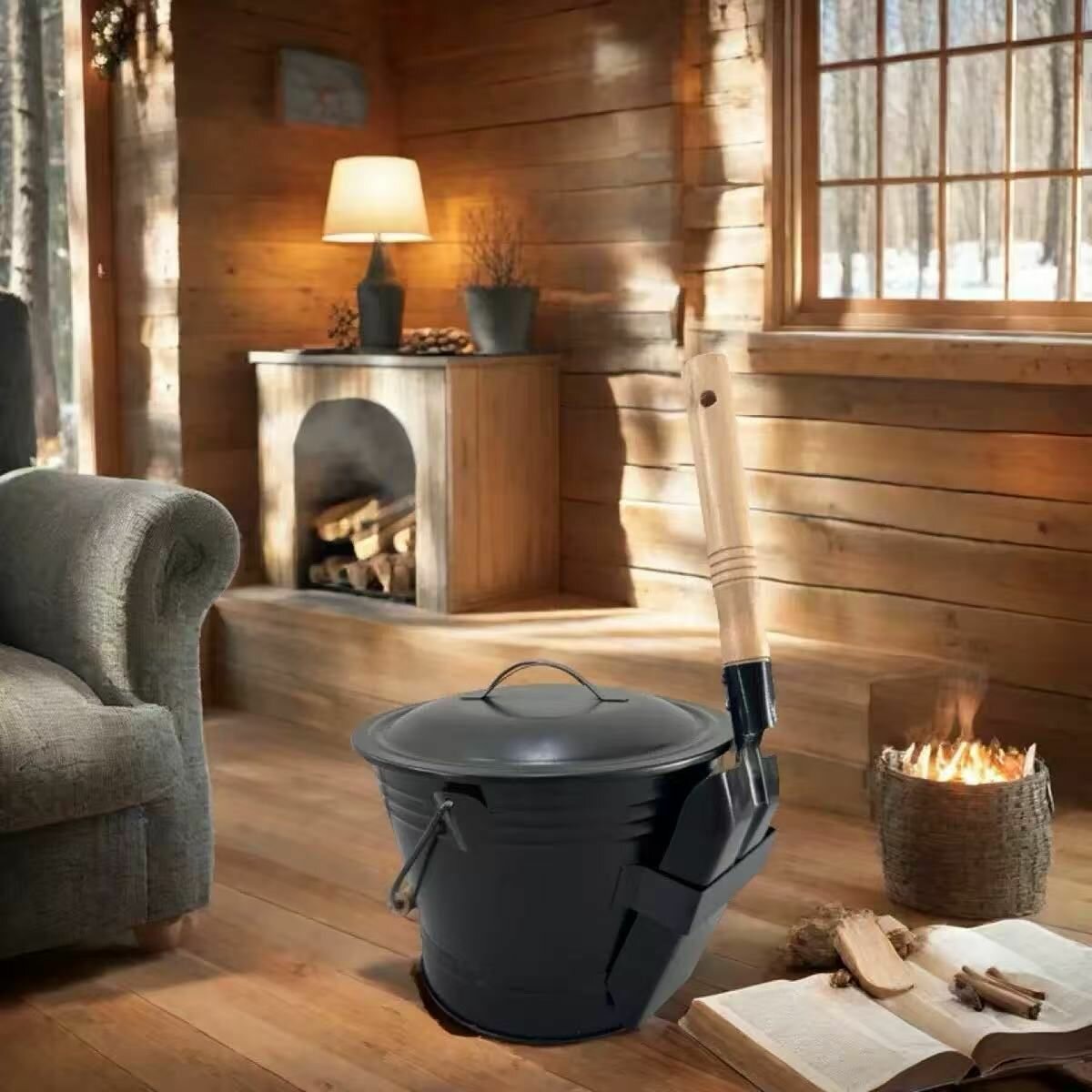 Ведро для золы с крышкой и деревянной ручкой металлическое зольное ведро для камина, печи и гриля