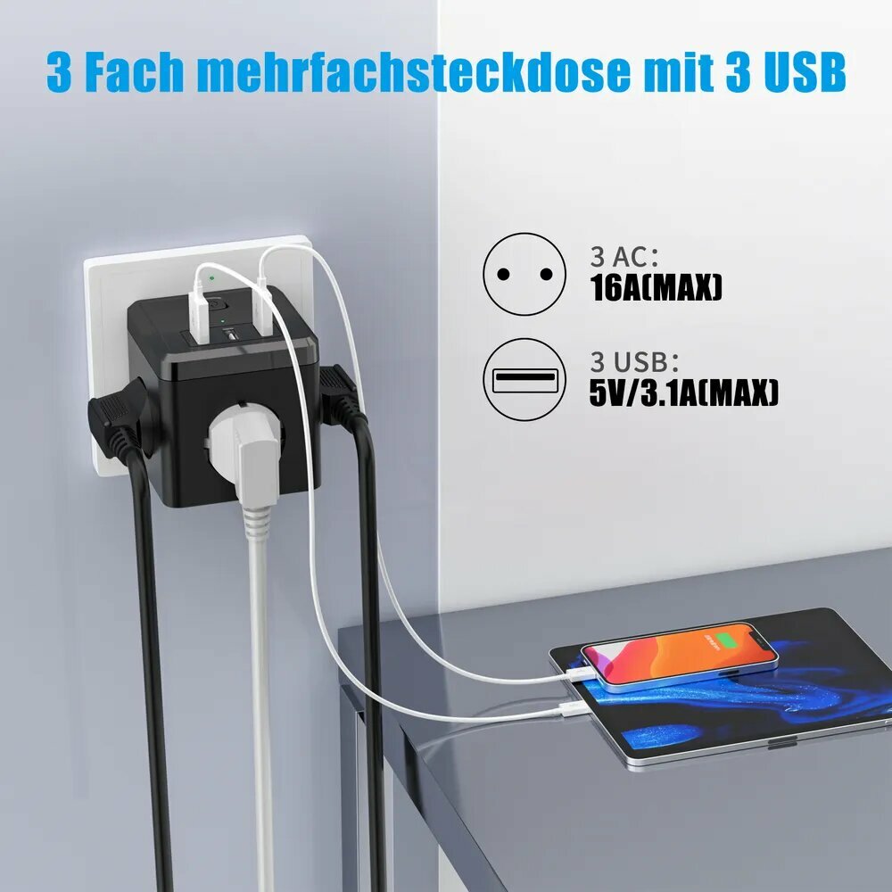 Розетка HITRENDS "Кубическая", настенная, 5-гранная, USB, 4000 Вт, 16 А, черная