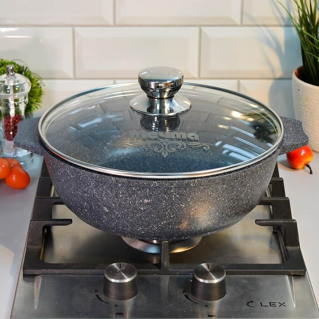 Жаровня 3л 26см "Premium", антипригарная, литой алюминий, стеклянная крышка