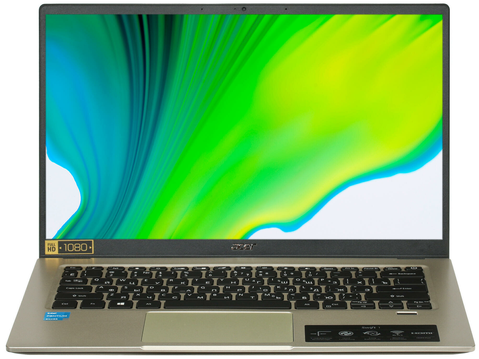 14" Ноутбук Acer Swift 1 SF114-34-P38A (NX. A7AER.002) золотой - 1920x1080, IPS, Intel Pentium Silver N6000, ядра: 4 x 1,1 ГГц, 4 ГБ, eMMC 64 ГБ, Intel UHD Graphics 615, Windows 10 Pro