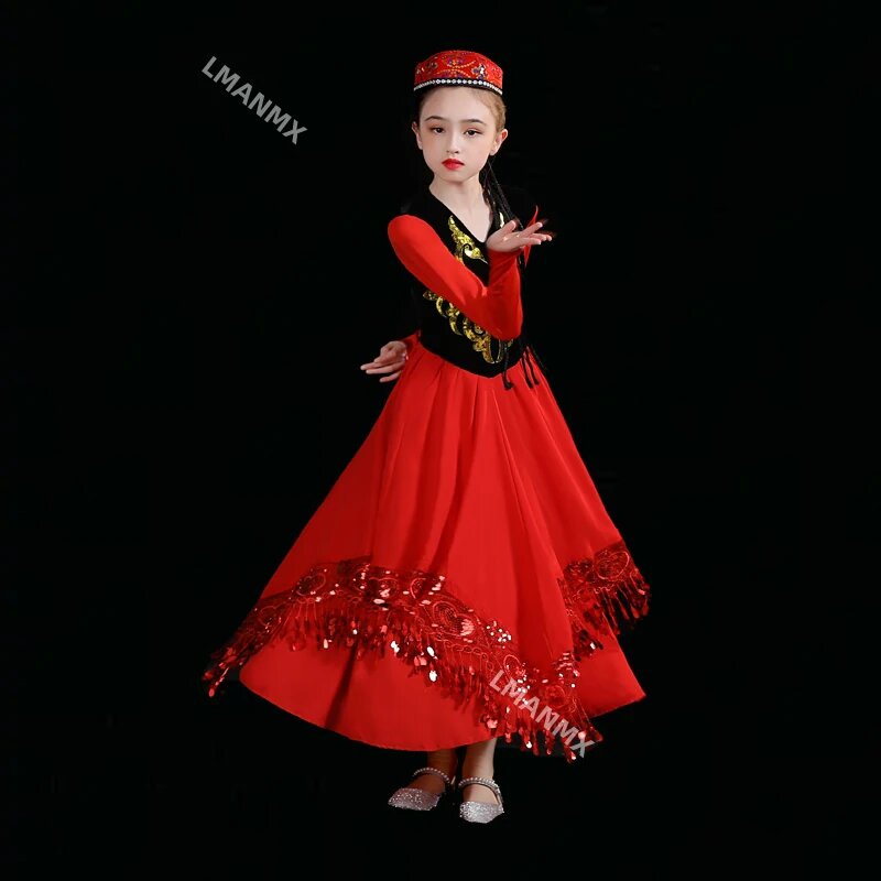 Детские синьцзянские танцевальные костюмы Красный, 130cm, Красный