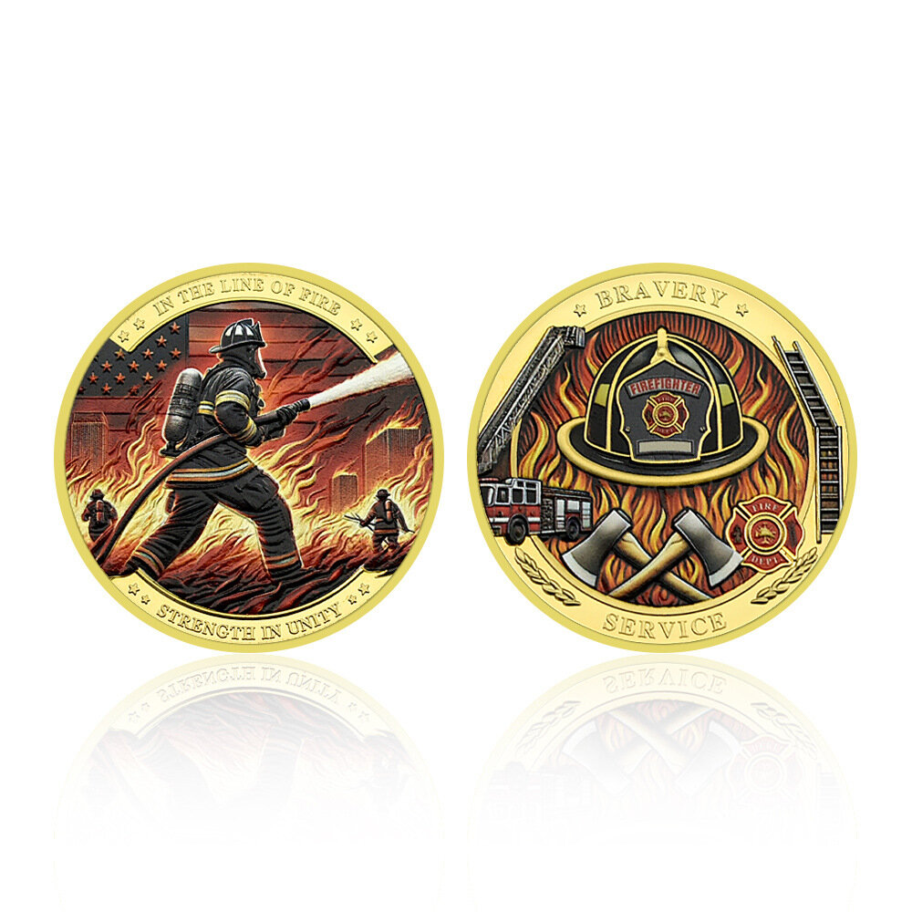 Памятная монета, Почётная монета пожарного, Медаль за отвагу и службу, Эмблема пожарного шлема, Монета испытания «Сила в единстве», Монета памяти героического спасения