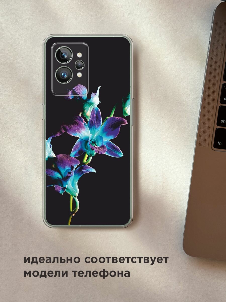 Чехол на Realme GT 2 Pro / Реалми GT 2 Про с принтом "Синий цветок на черном" — фото 1
