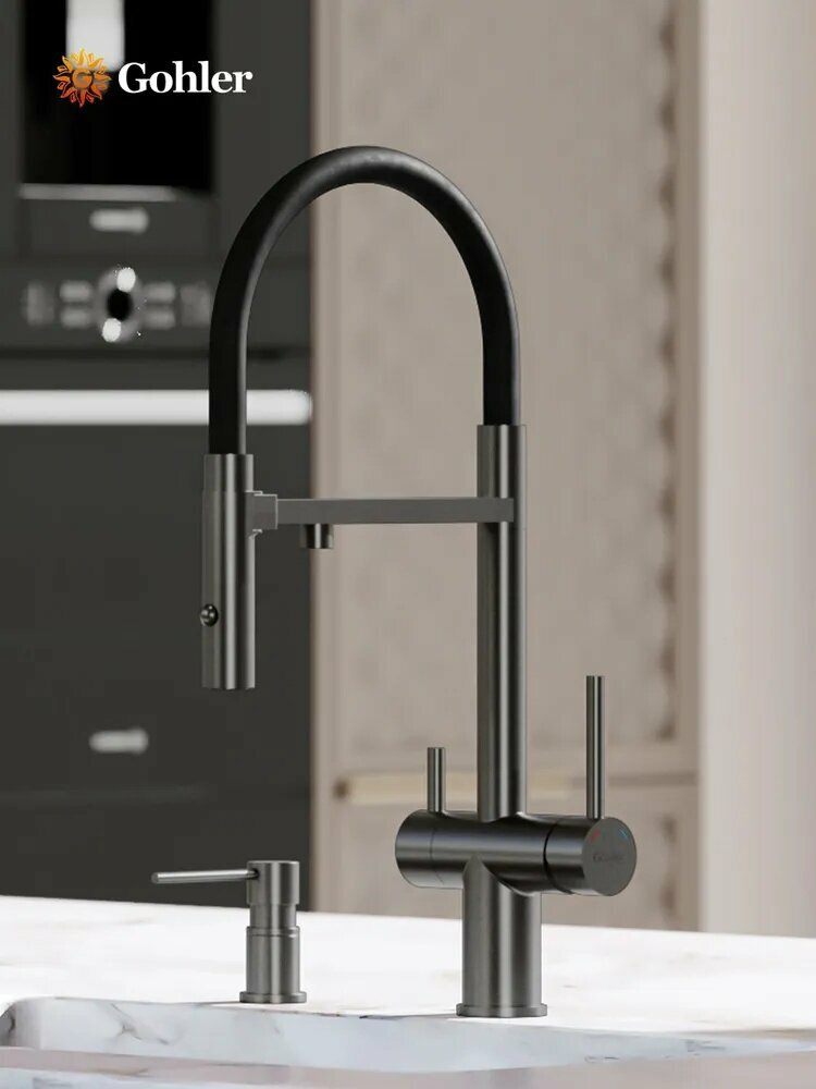 Смеситель для кухни с гибким изливом и краном под фильтр для питьевой воды Gohler G4204GR графит