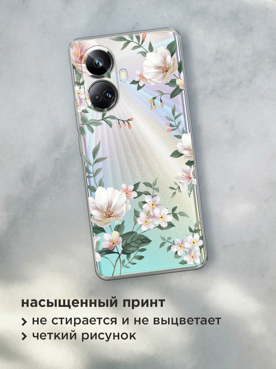 Чехол на Realme 10 Pro+ / Реалми 10 Про+ с принтом "Beautiful white flowers", прозрачный — фото 1
