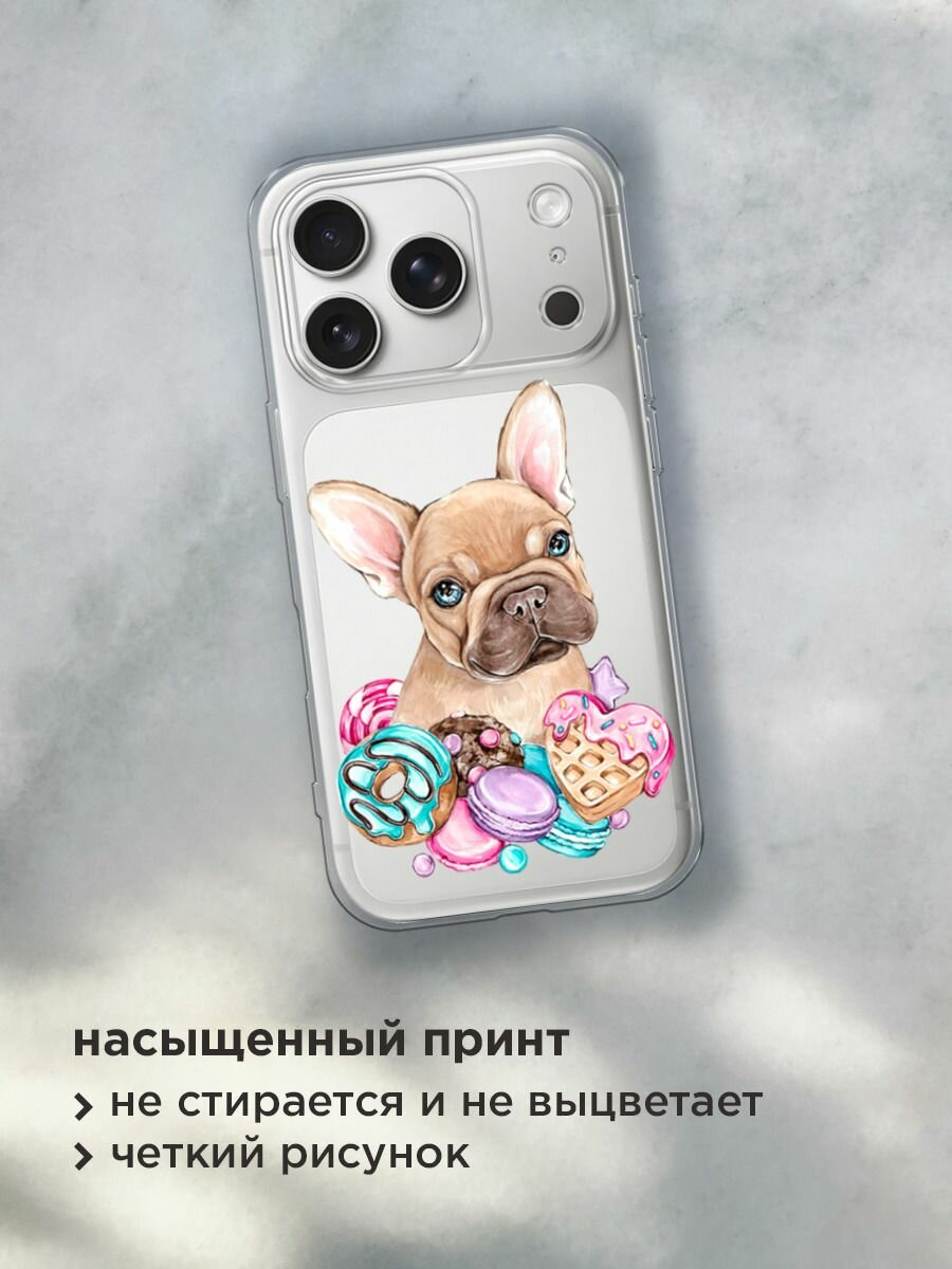 Чехол на Apple iPhone 17 Pro / Айфон 17 Про с принтом "Бульдог и сладости", прозрачный — фото 1