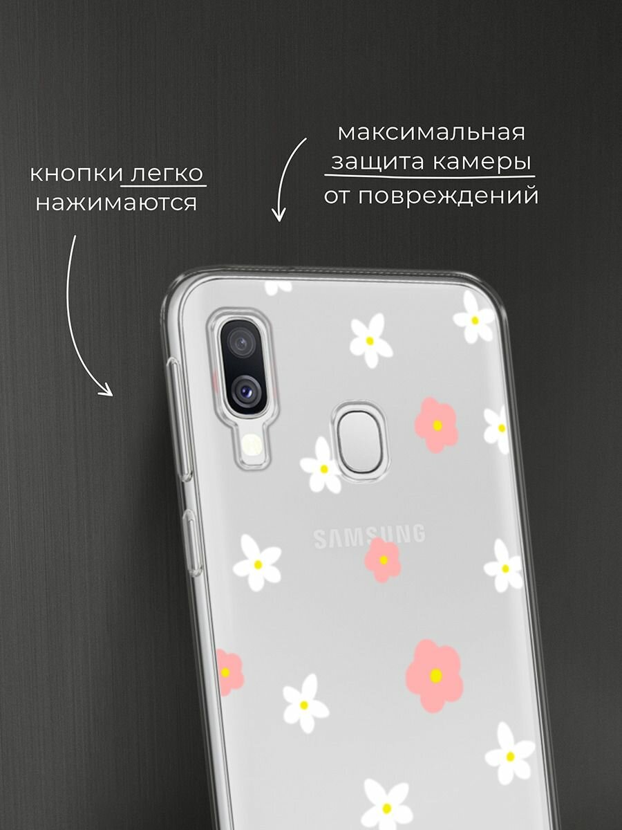 Чехол на Samsung Galaxy A40 / Самсунг Галакси А40 с принтом "Розовые и белые цветы", прозрачный — фото 1