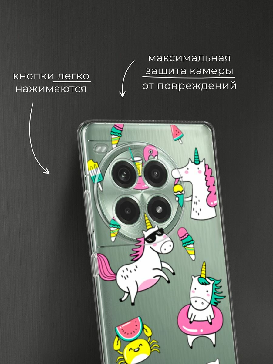 Чехол на OnePlus Ace 3 Pro / Ван Плас Эйс 3 Про с принтом "Единороги в отпуске", прозрачный — фото 1