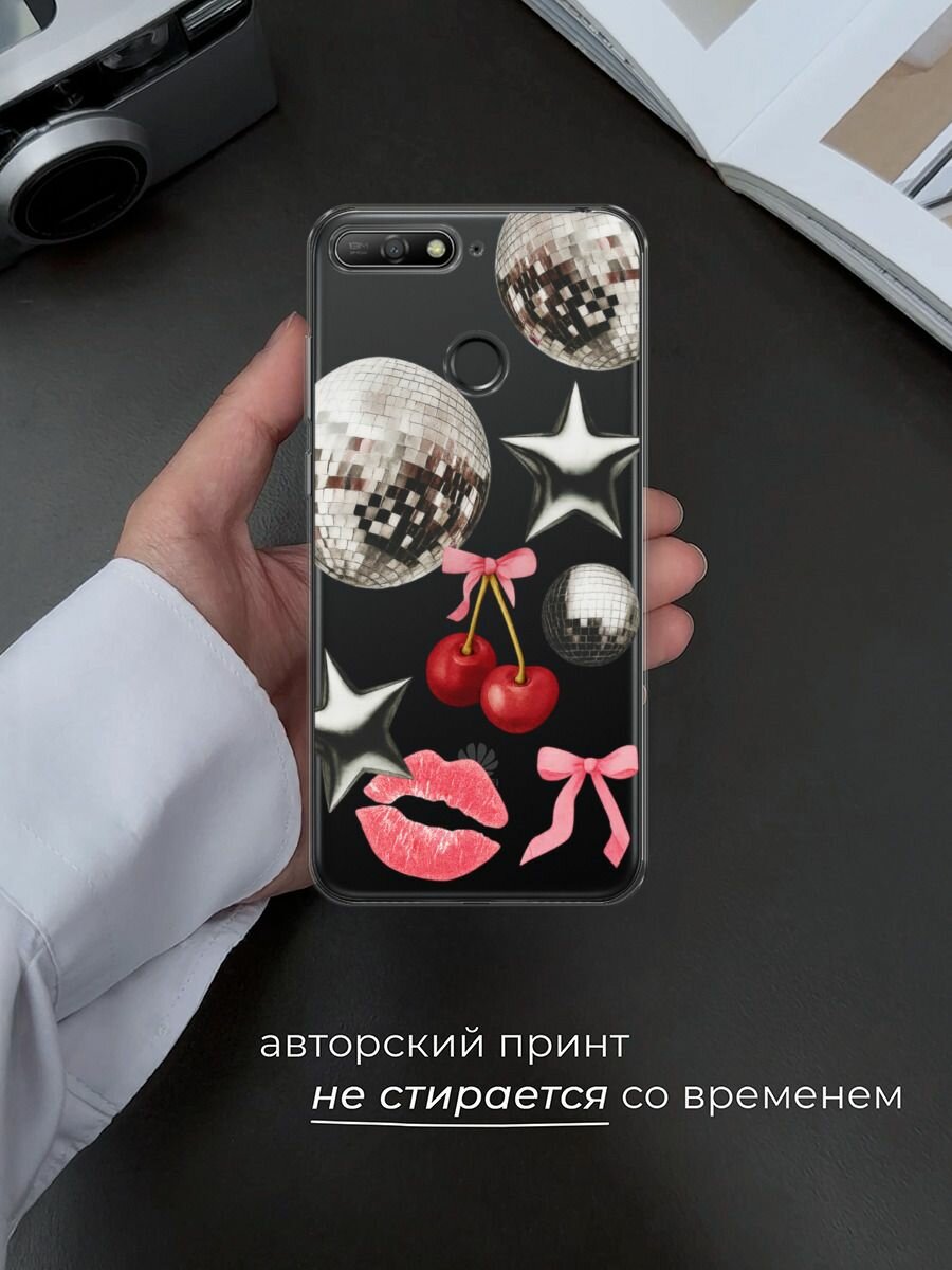 Чехол на Honor 7C/7A Pro/Huawei Y6 Prime 2018 с принтом "Стильная подборка", прозрачный — фото 1