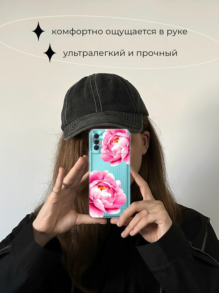Чехол на Tecno Spark 8P / Техно Спарк 8P с принтом "Open peonies", прозрачный — фото 1