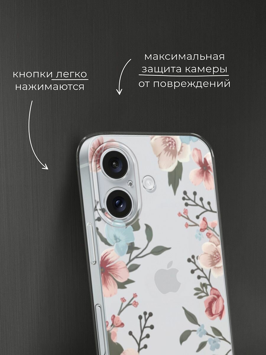 Чехол на Apple iPhone 16 / Айфон 16 с принтом "Нежная рамка из цветов", прозрачный — фото 1