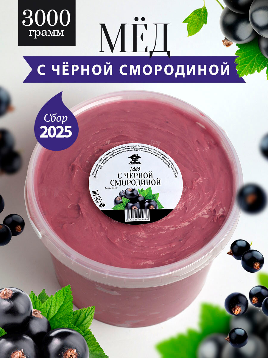 Мед с черной смородиной 3 кг, мед с добавками, Добрый пасечник