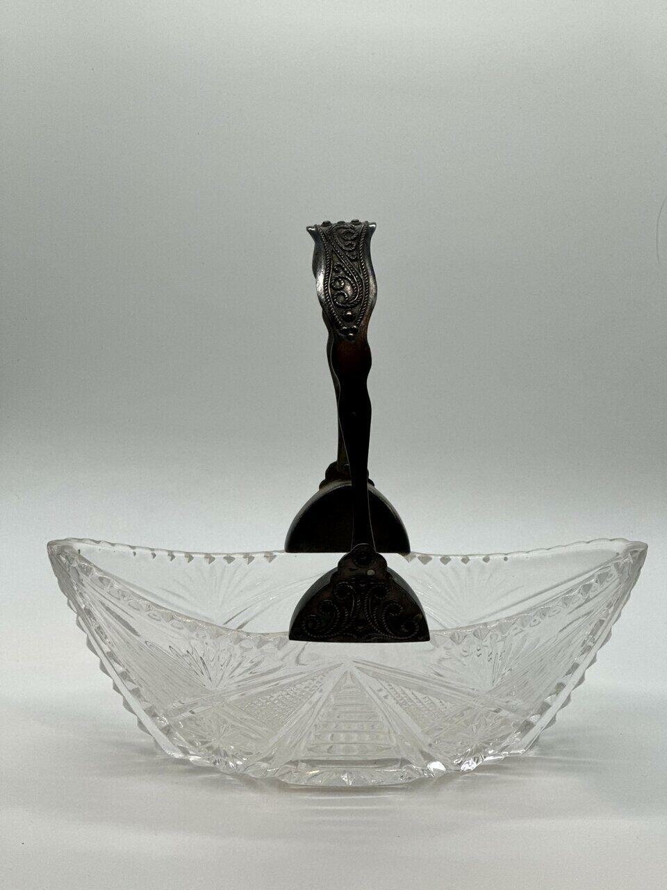 Хрустальная Конфетница Ладья с мельхиоровой ручкой ссср 1970 годы винтаж великолепная