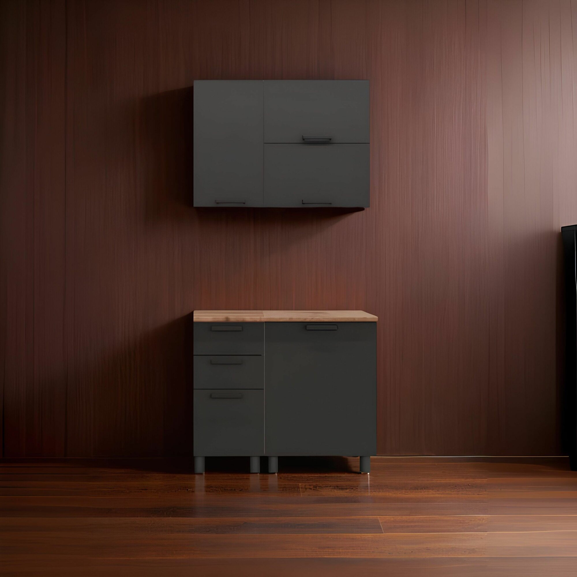 ARNIKA Кухонный гарнитур Лаванда 1м, с 3 ящиками, цвет Сталь, черный, сонома