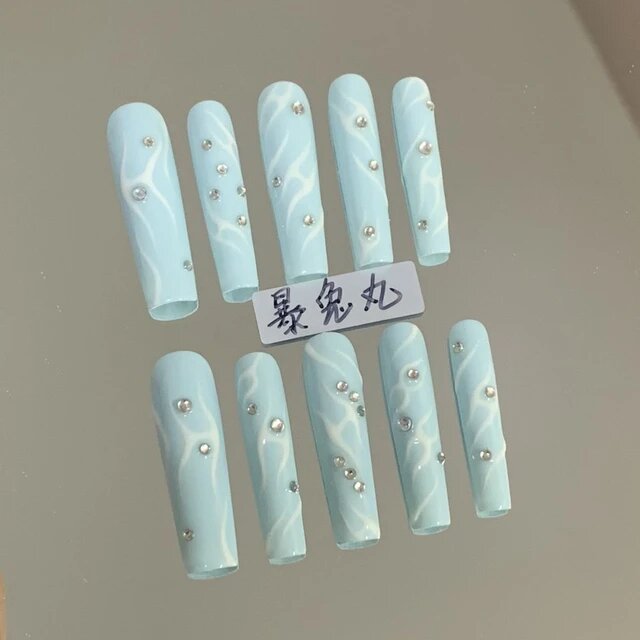 Набор из 10 горячих длинных заостренных ногтей ручной работы в форме гроба, полностью покрывающих ногти, накладные ногти Sanrio KT с металлической цепочкой и сверкающими бриллиантами в виде цветка, Размер: S-15-11-12-11-9