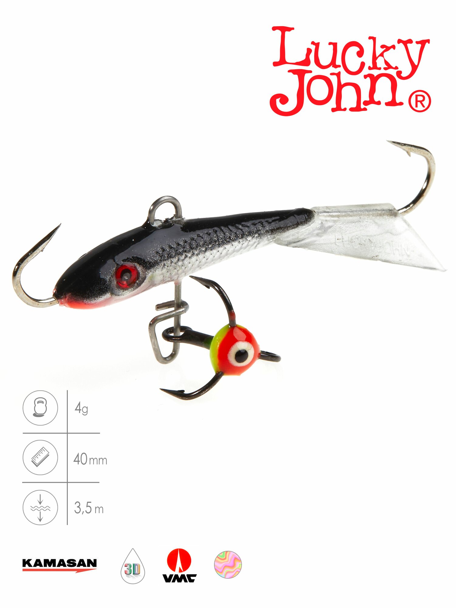 Балансир для зимней рыбалки Lucky John FIN 3 с тройником, длина 40 мм, 4г, цвет 13H / Балансир Лаки Джон на окуня, судака, щуку