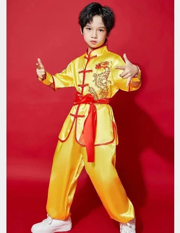 Детский костюм ушу полиэстер 180, Желтый, 2-short yellow