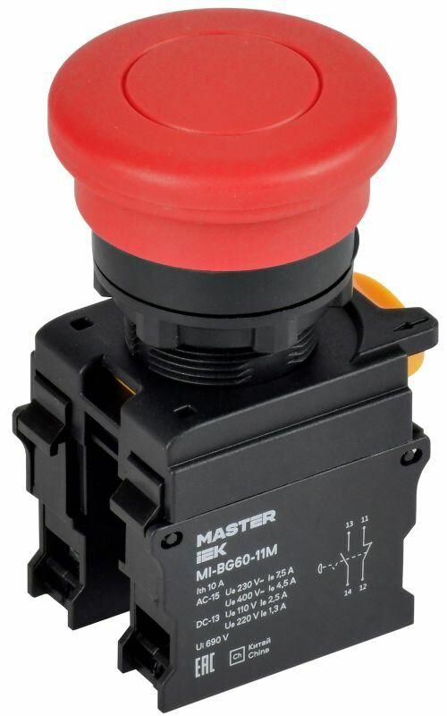 Кнопка «Грибок» d22мм 1НО+1НЗ MASTER без фиксации красн. IEK MI-BG60-11M-3-21-K04