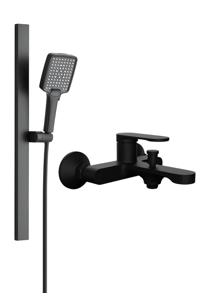 Смеситель для ванны с душем STWORKI Ноттвиль S34100BK с душевым гарнитуром, настенный, однорычажный, черный, матовый, латунный, с керамическим картриджем